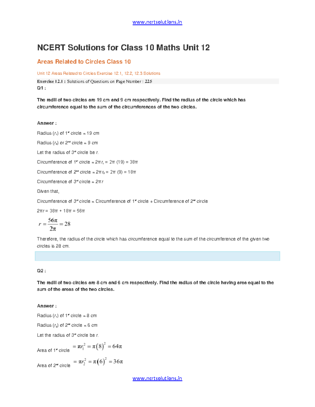 Chapter 12 areas related to circles - NCERT Solutions for Class 10 ...