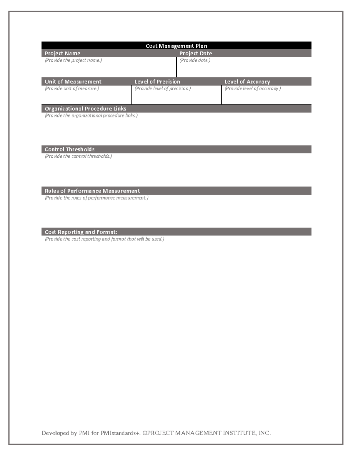 Cost Management Plan Template - Developed by PMI for PMIstandards+ ...