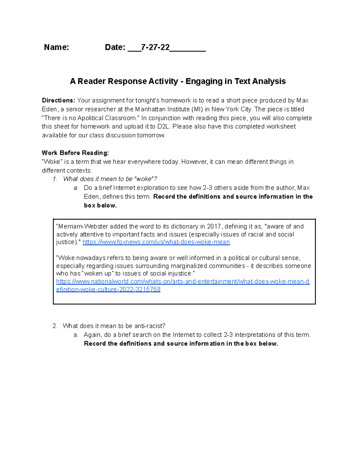 Reader Response Activity - The piece is titled “There is no Apolitical ...