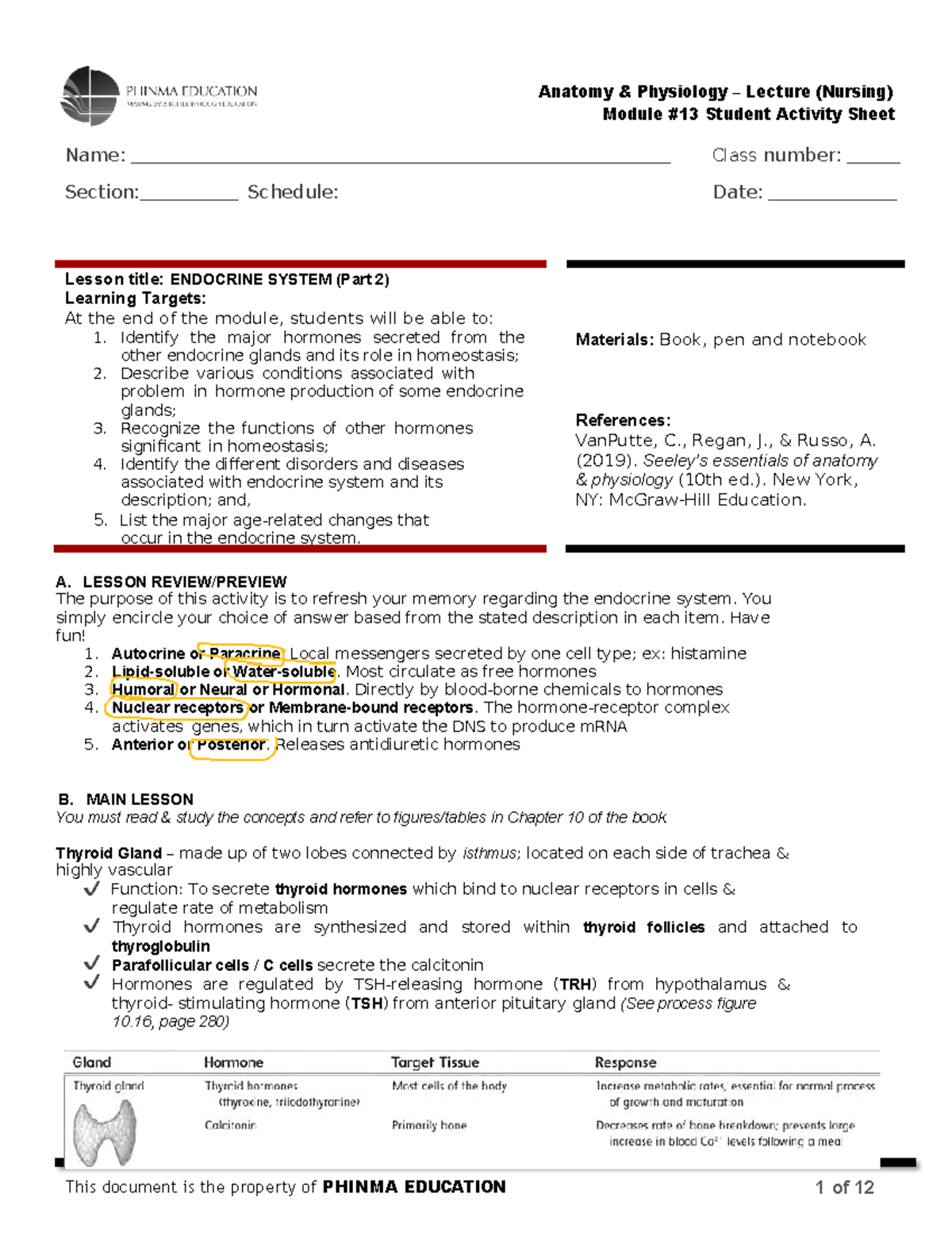 Nursing Anaphy Lec Session #13 - SAS - Module #13 Student Activity Sheet Name: Section: Schedule ...