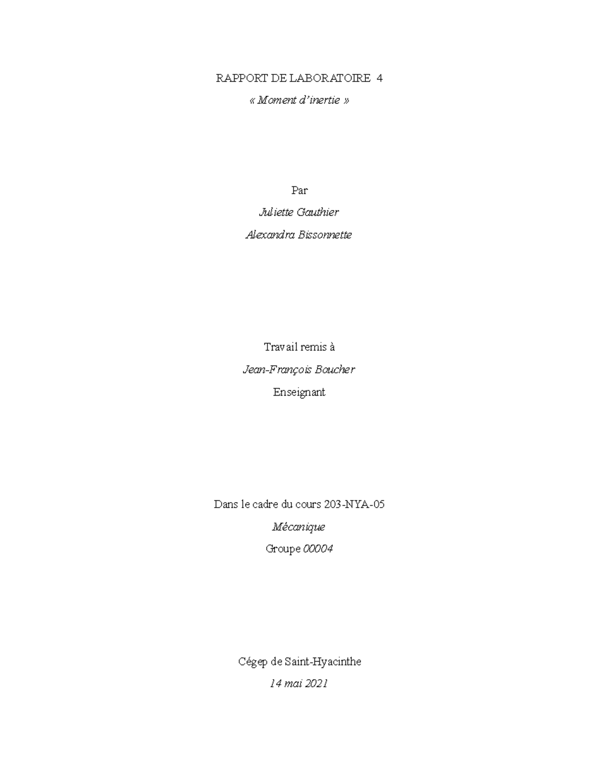 Prélab 4 - laboratoire physique mécanique - RAPPORT DE LABORATOIRE 4 ...