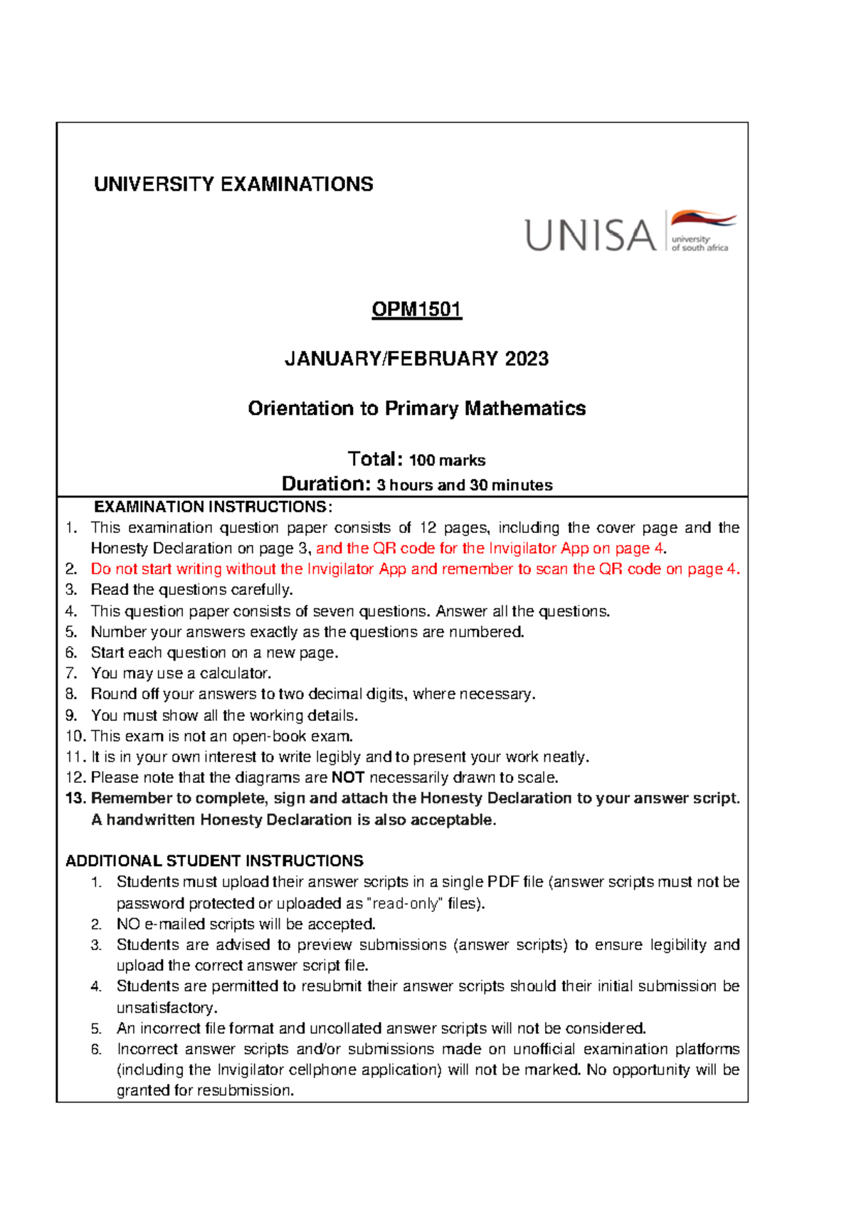 OPM1501 JAN.FEB 2023 - Exam - UNIVERSITY EXAMINATIONS OPM JANUARY ...