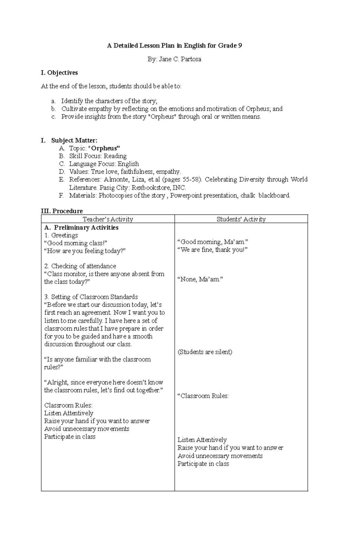 Orpheus-LP- Finale - Hope this help - A Detailed Lesson Plan in English ...