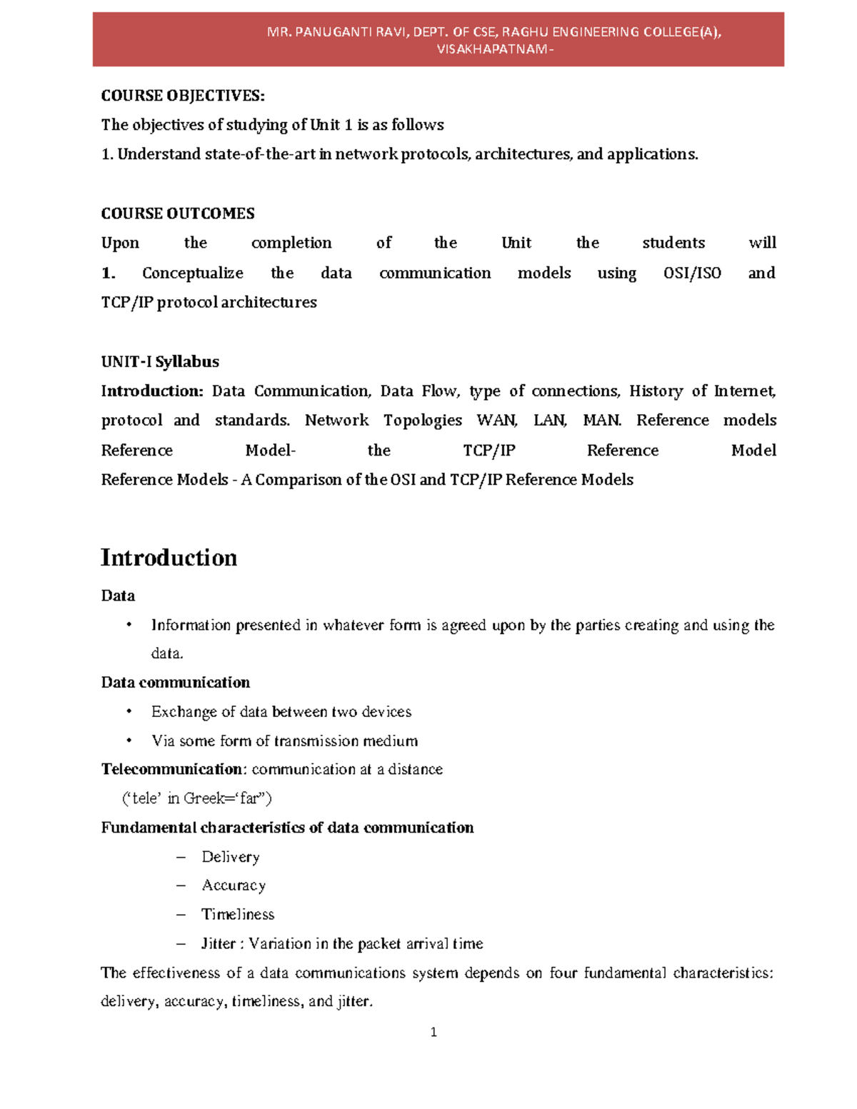 CN Unit - 1 notes - AR20 - REC - VISAKHAPATNAM- COMPUTER NETWORKS ...