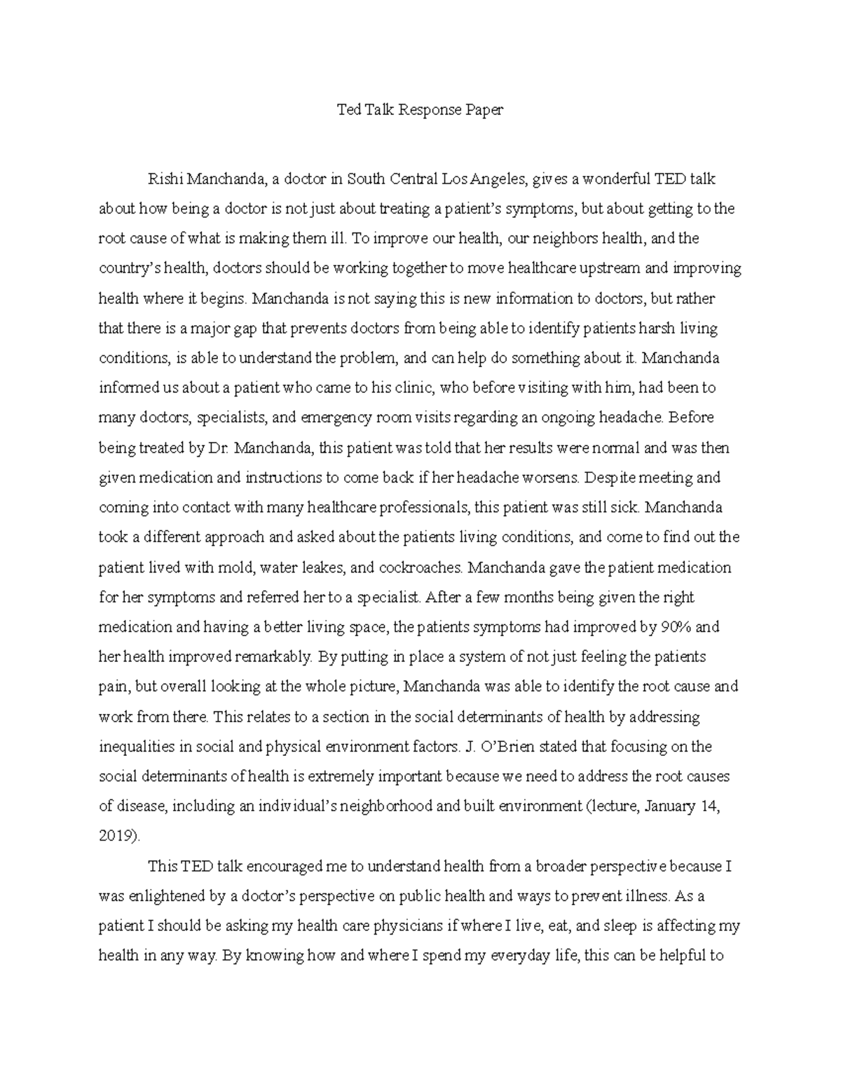 TED TALK Paper-2 - Regarding Dr. Rishi Manchanda - Ted Talk Response ...