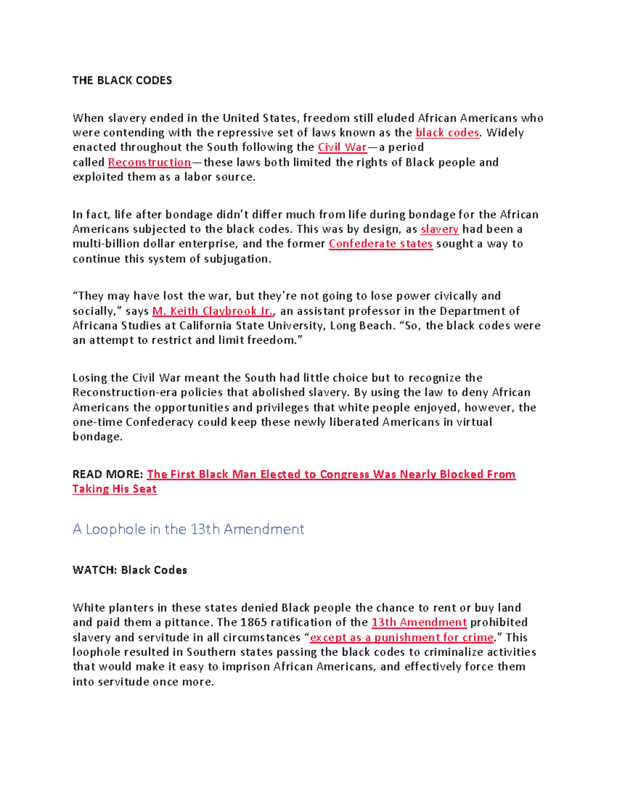 Week 3 THE Black Codes Article-1 - THE BLACK CODES When slavery ended ...