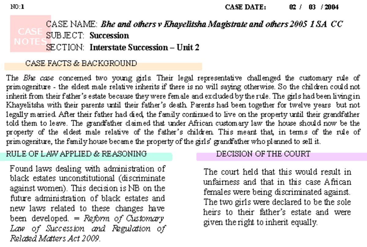 Bhe and others v Khayelitsha Case Summary - The Bhe case concerned two young girls. Their legal ...