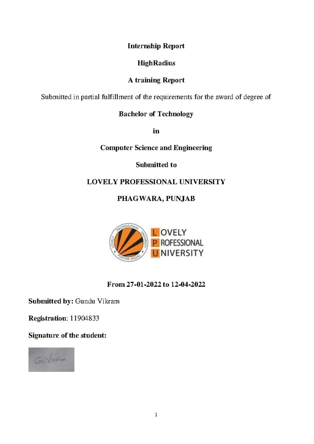 Highradhius final report - Internship Report HighRadius A training ...