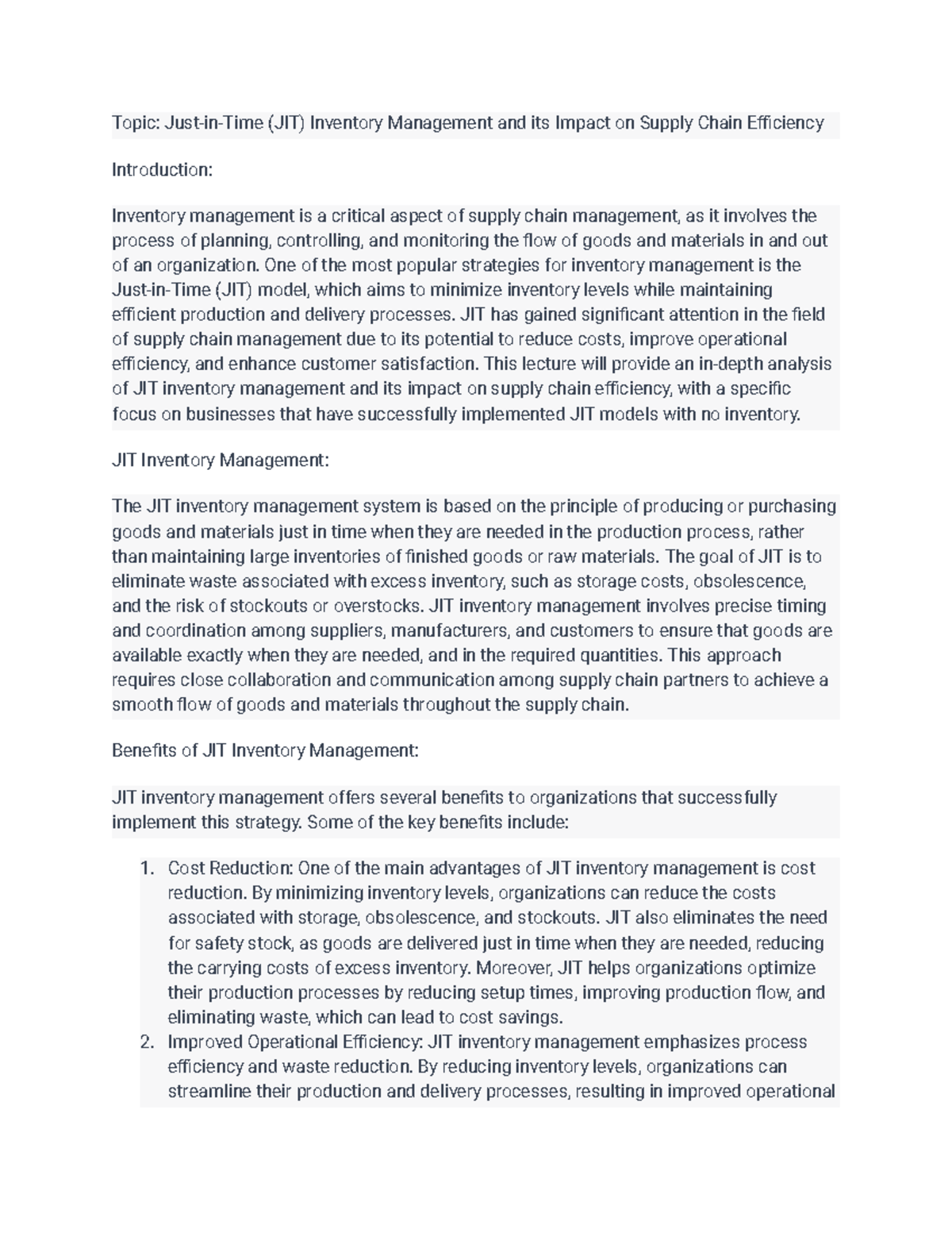 MKT2210 lecture notes 135 - Topic: Just-in-Time (JIT) Inventory ...