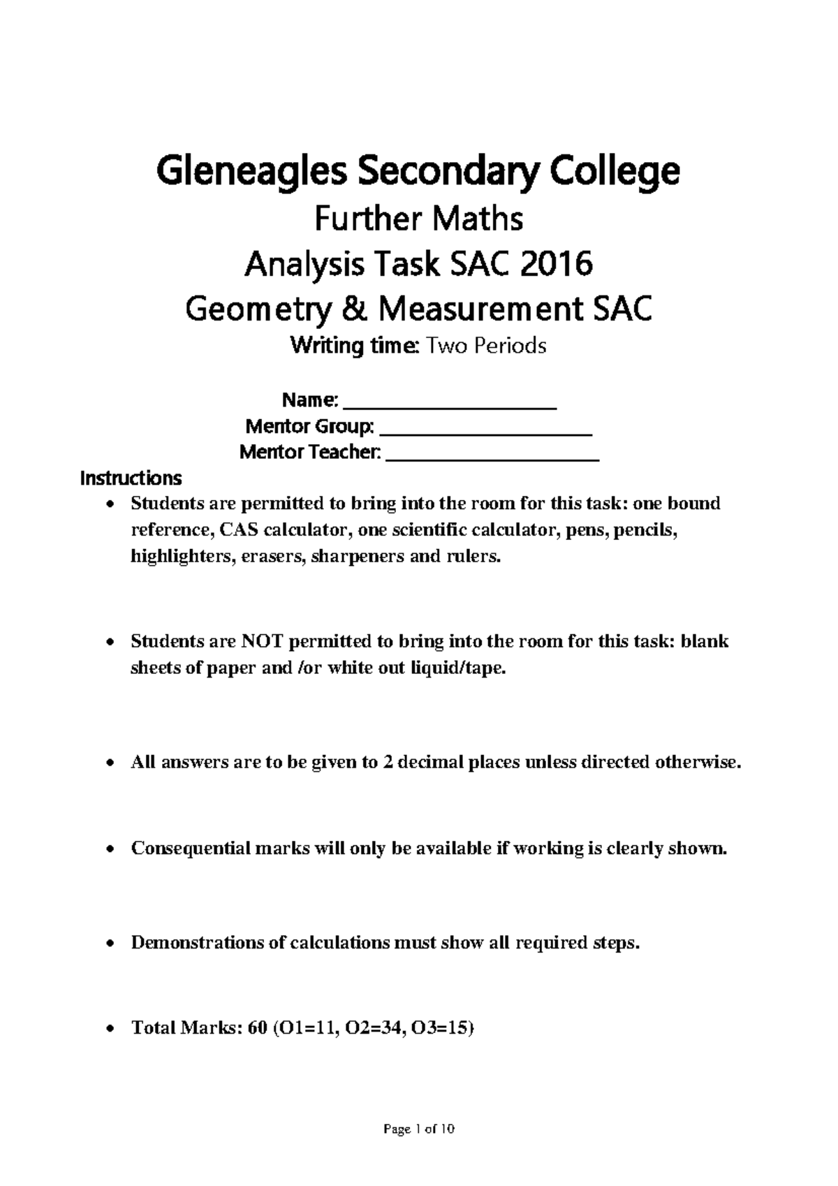 2016 Geo& Meas SAC with answers glen1718 - Gleneagles Secondary College ...