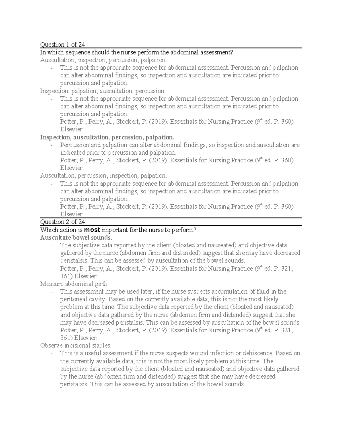 HESI- Constipation - Question 1 of 24 In which sequence should the ...