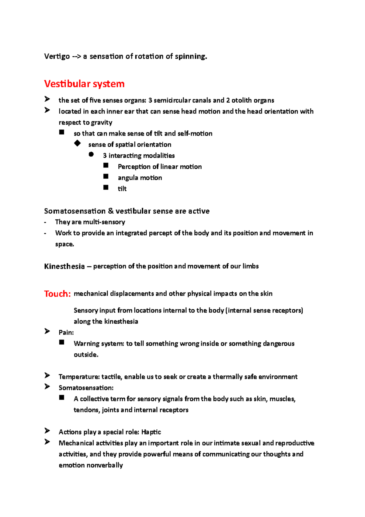 Sensation 11 - Lecture Notes - Vertigo -> a sensation of rotation of ...
