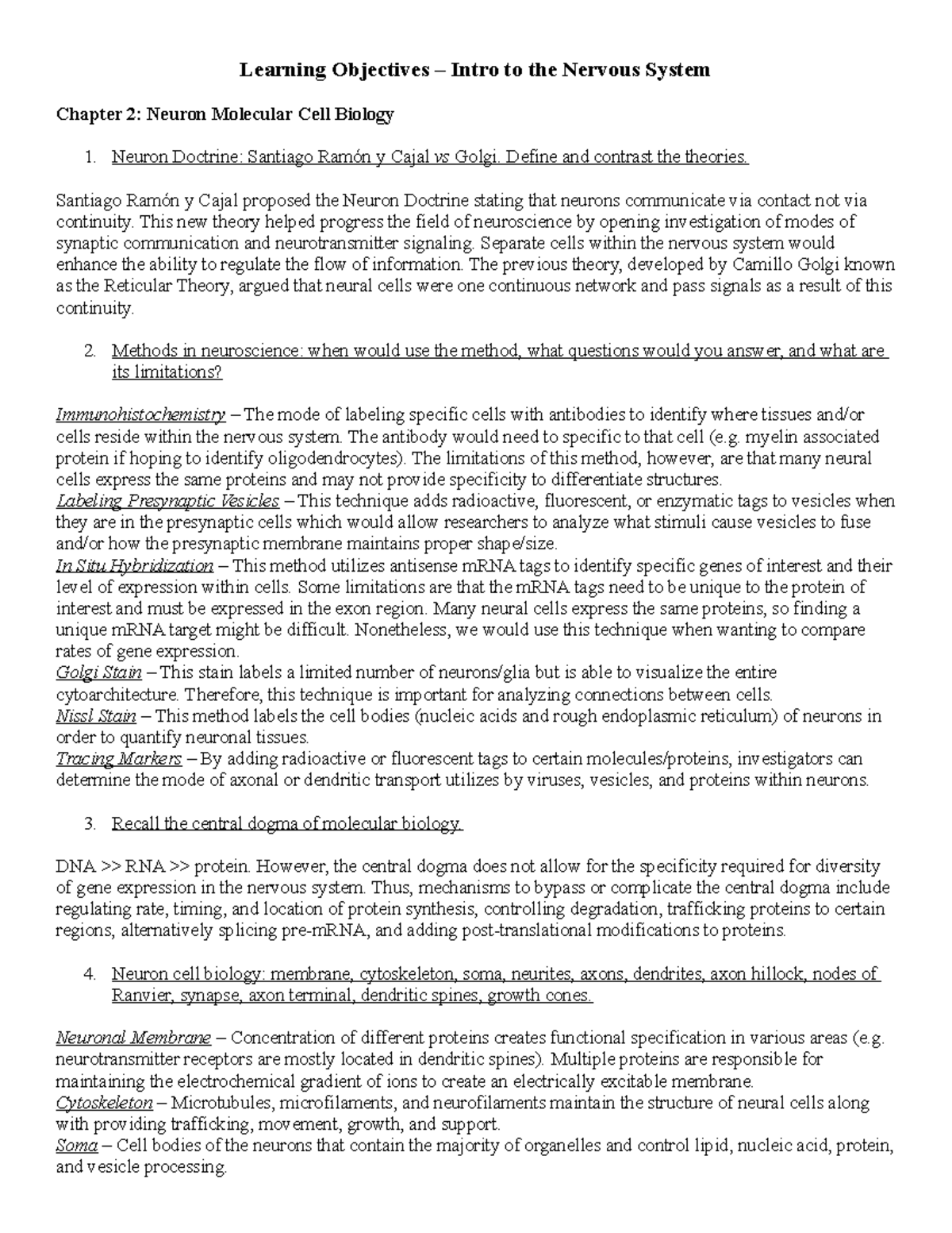 Learning Objectives 1 - Intro the Nervous System - Learning Objectives ...