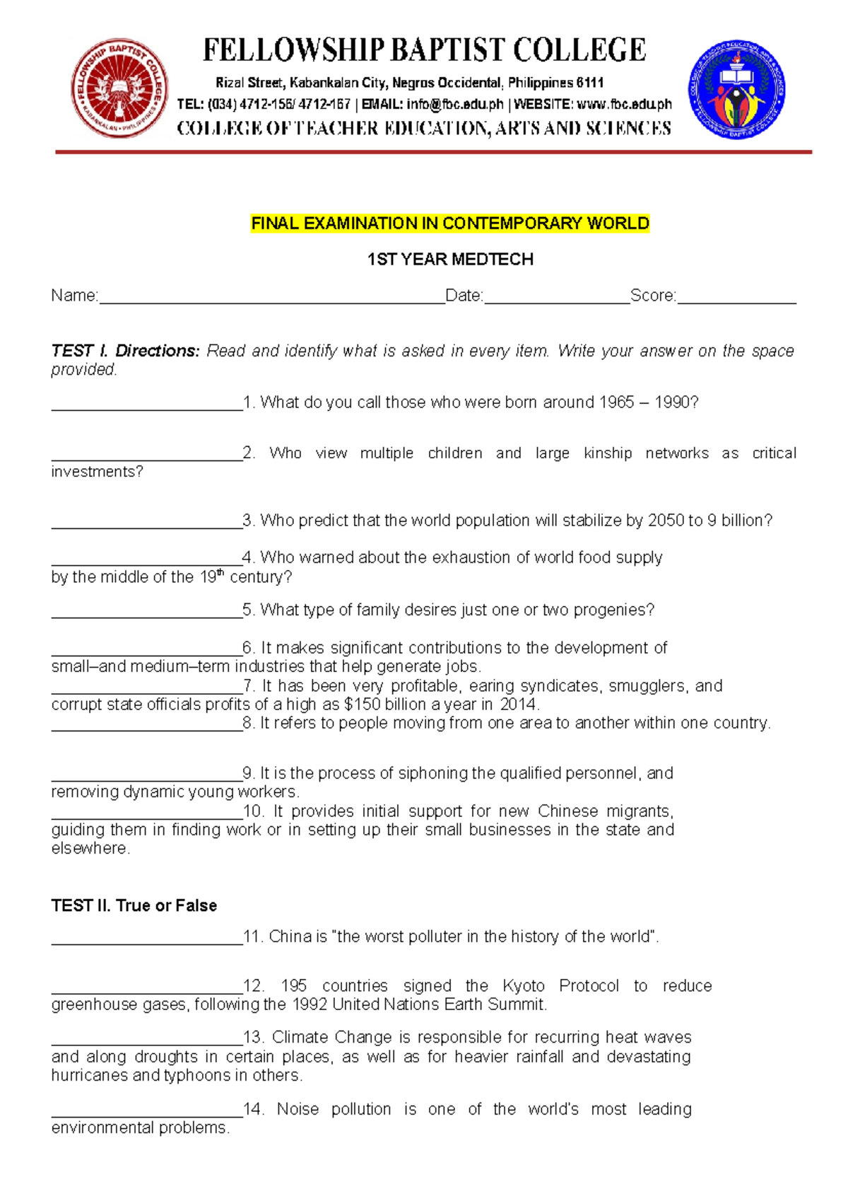 Final Examination IN Contemporary World - FINAL EXAMINATION IN ...