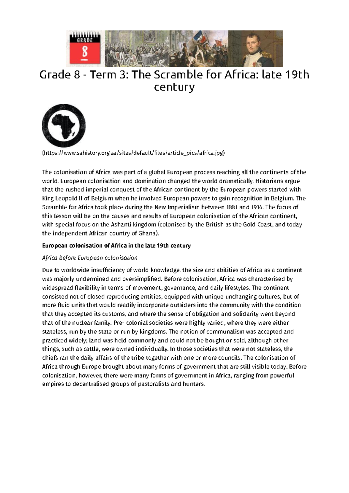 Grade 8 - Term 3- The Scramble for Africa- late 19th century South ...