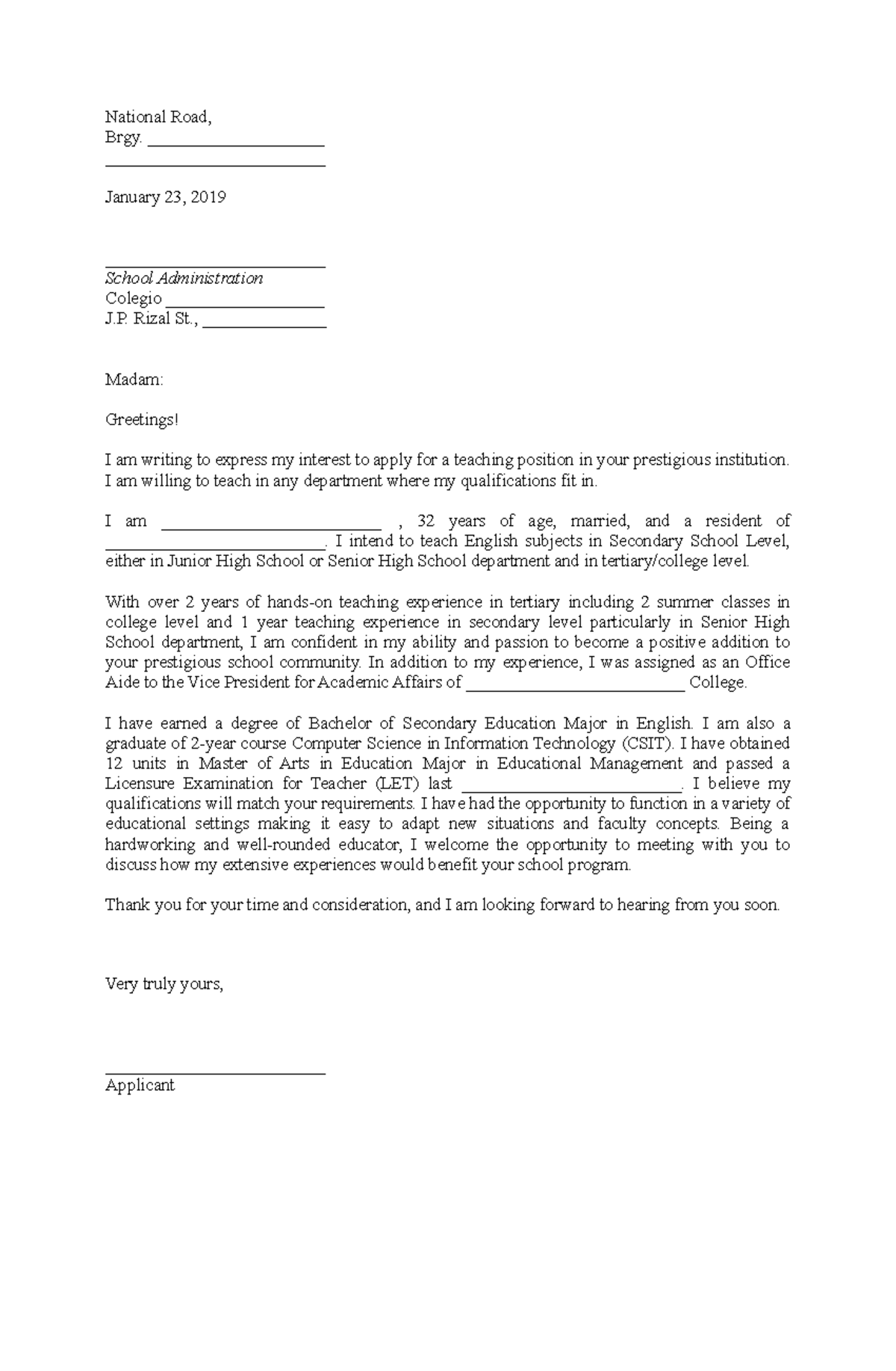 Business Application Letter Template for Everyone - National Road, Brgy