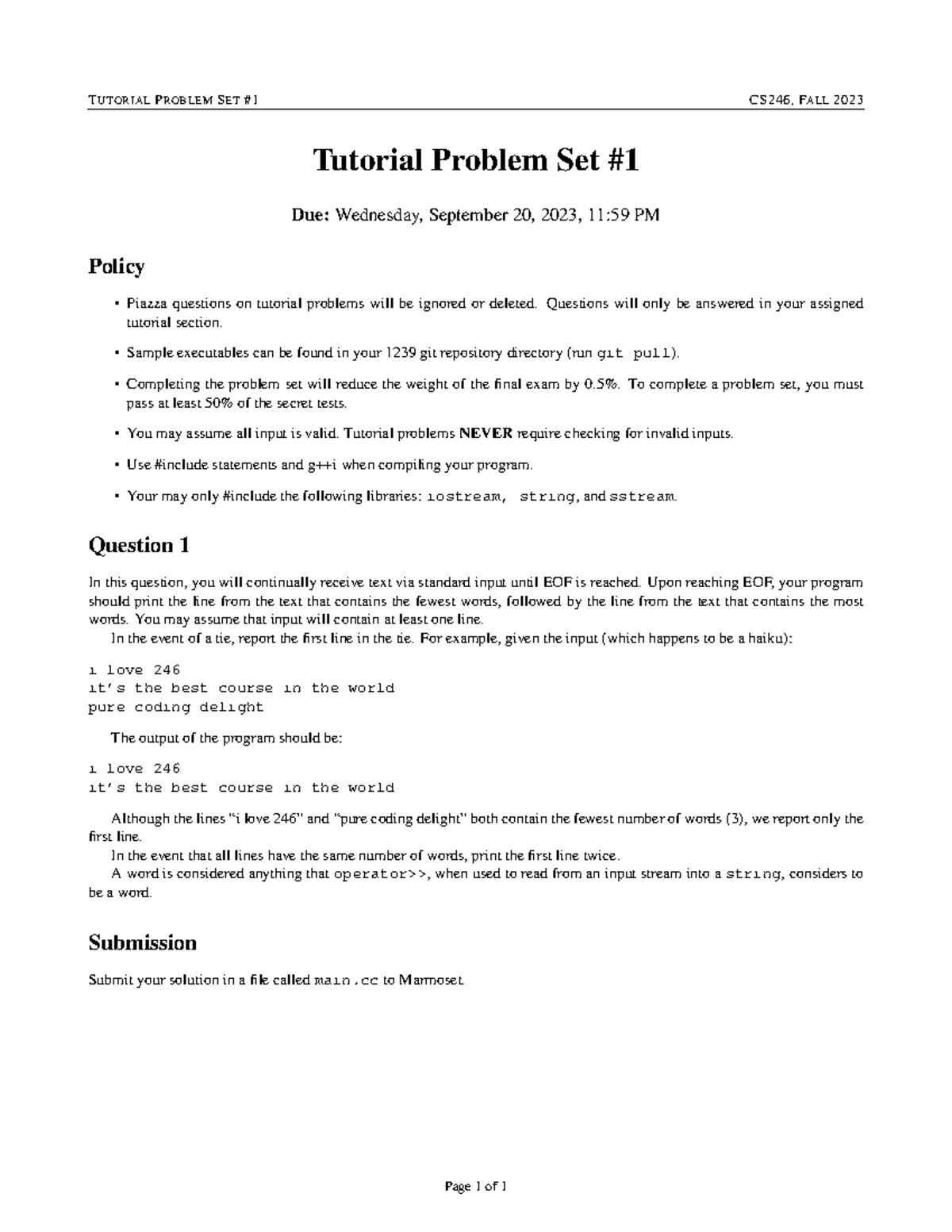 Tutorial 01 - wadwad - TUTORIAL PROBLEM SET #1 CS246, FALL 2023 Tutorial Problem Set Due ...