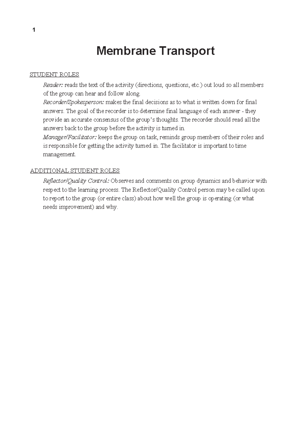 Pogil Membrane Transport - 1 Membrane Transport STUDENT ROLES Reader ...