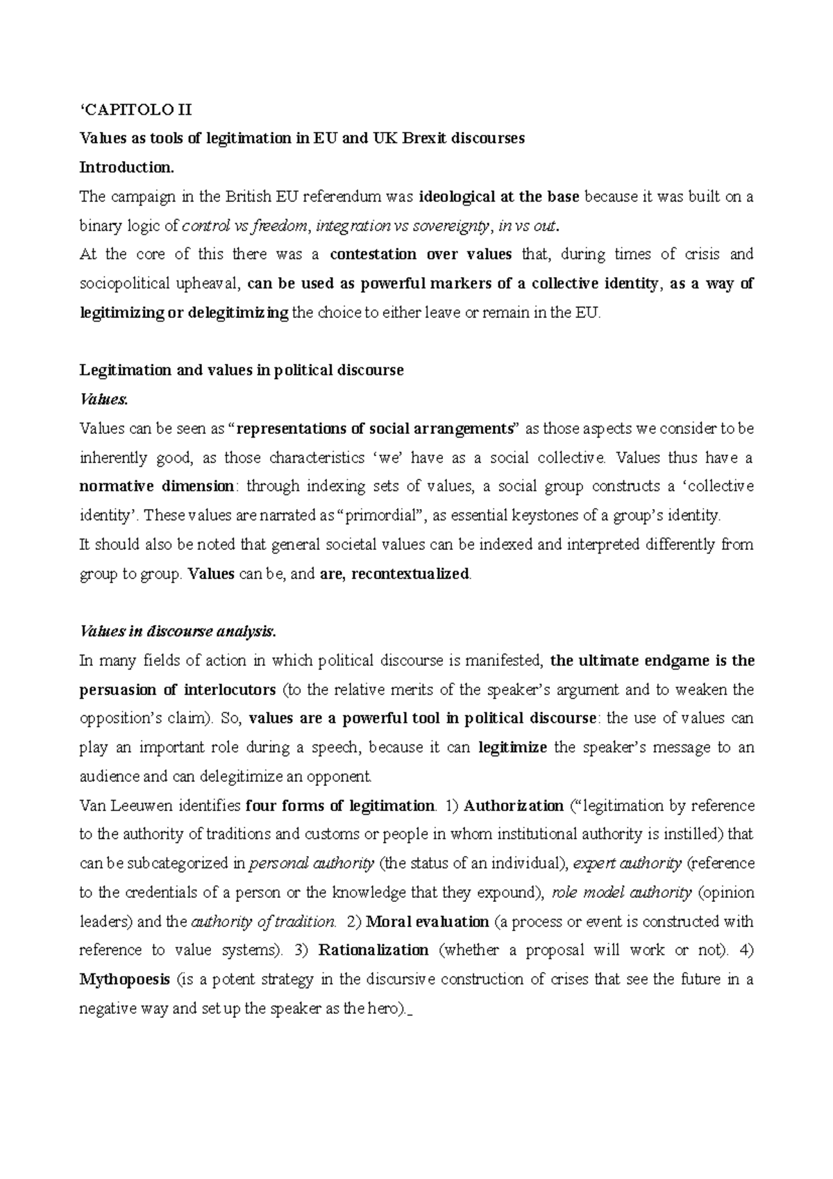 Discourses Of Brexit ‘capitolo Ii Values As Tools Of Legitimation In