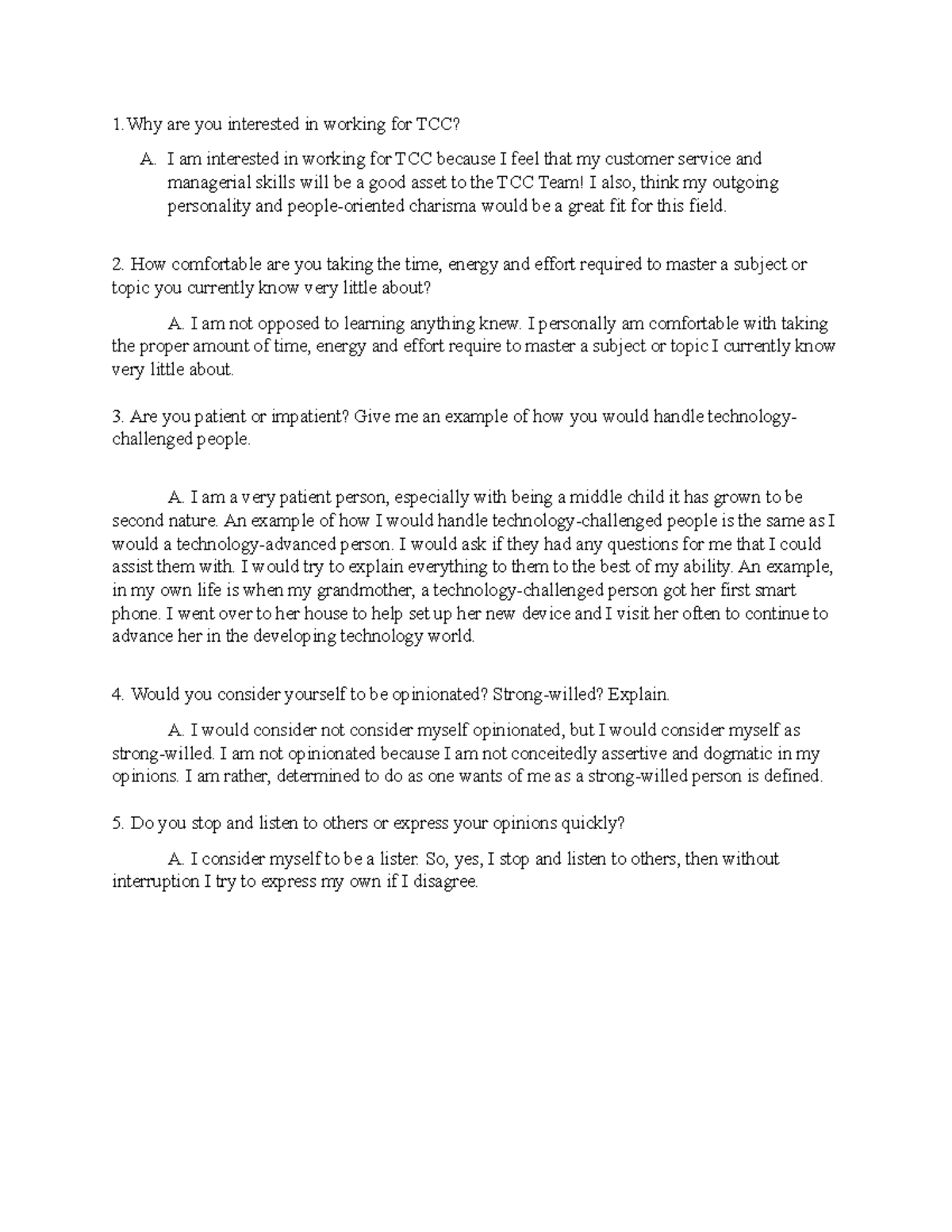 TCC Interview Questionnaire - 1 are you interested in working for TCC ...