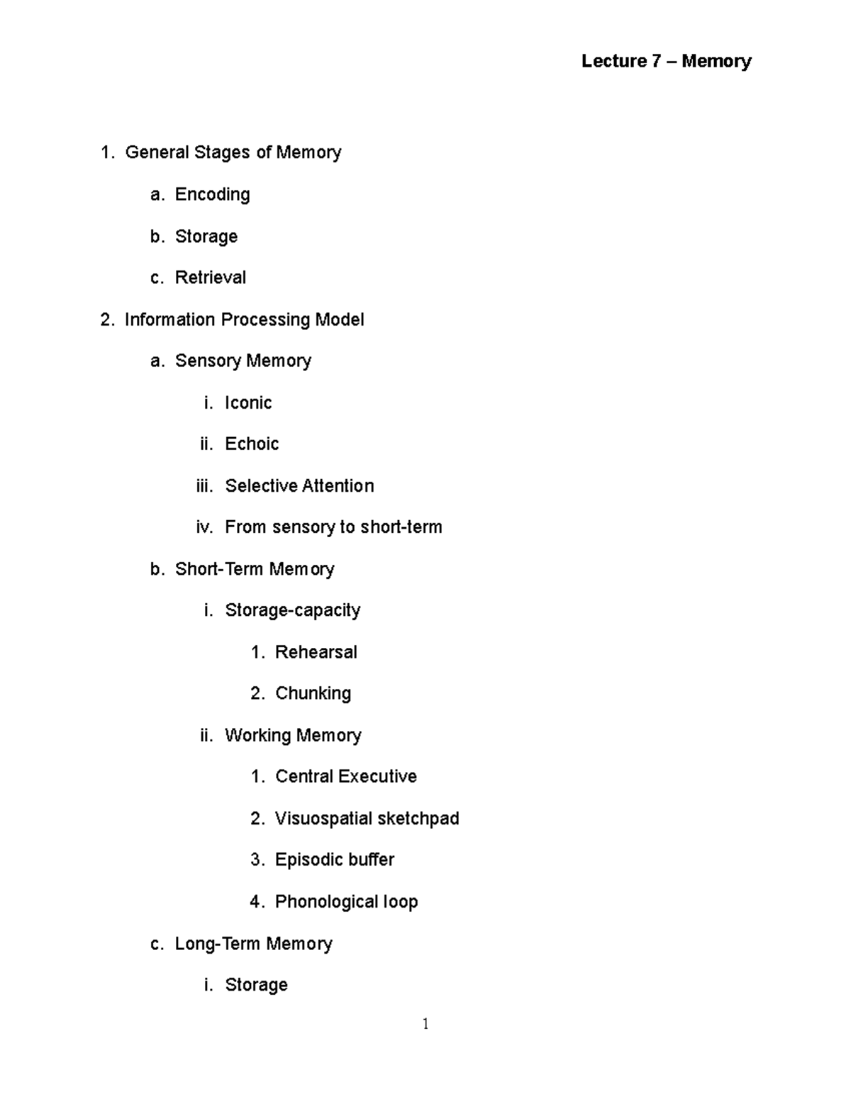 Psc Lecture 7 Memory Lecture Outline Lecture 7 Memory General Stages Of Memory A