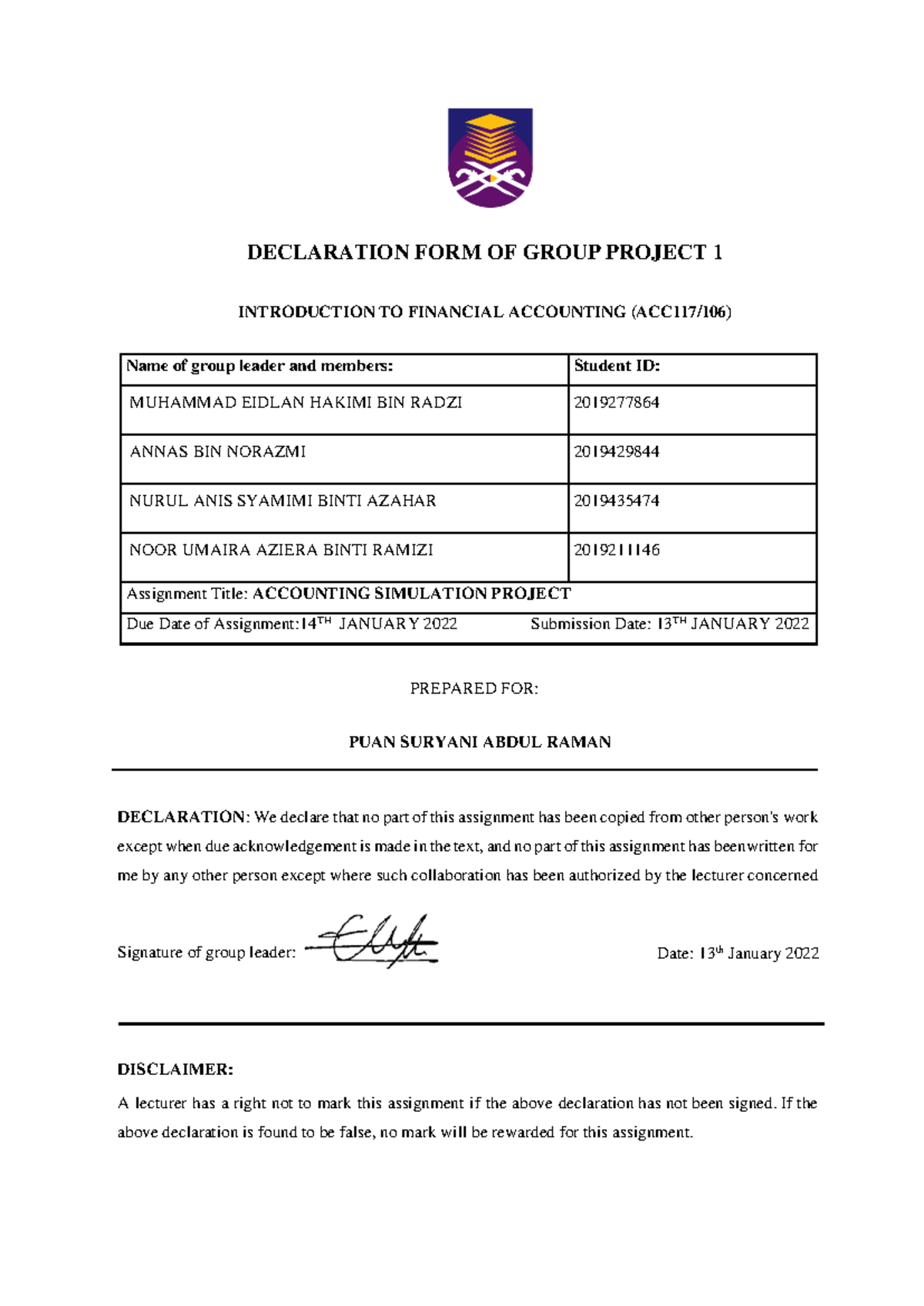 Group Project 1 ACC106 ( Group 4 AAP1155D) - DECLARATION FORM OF GROUP ...