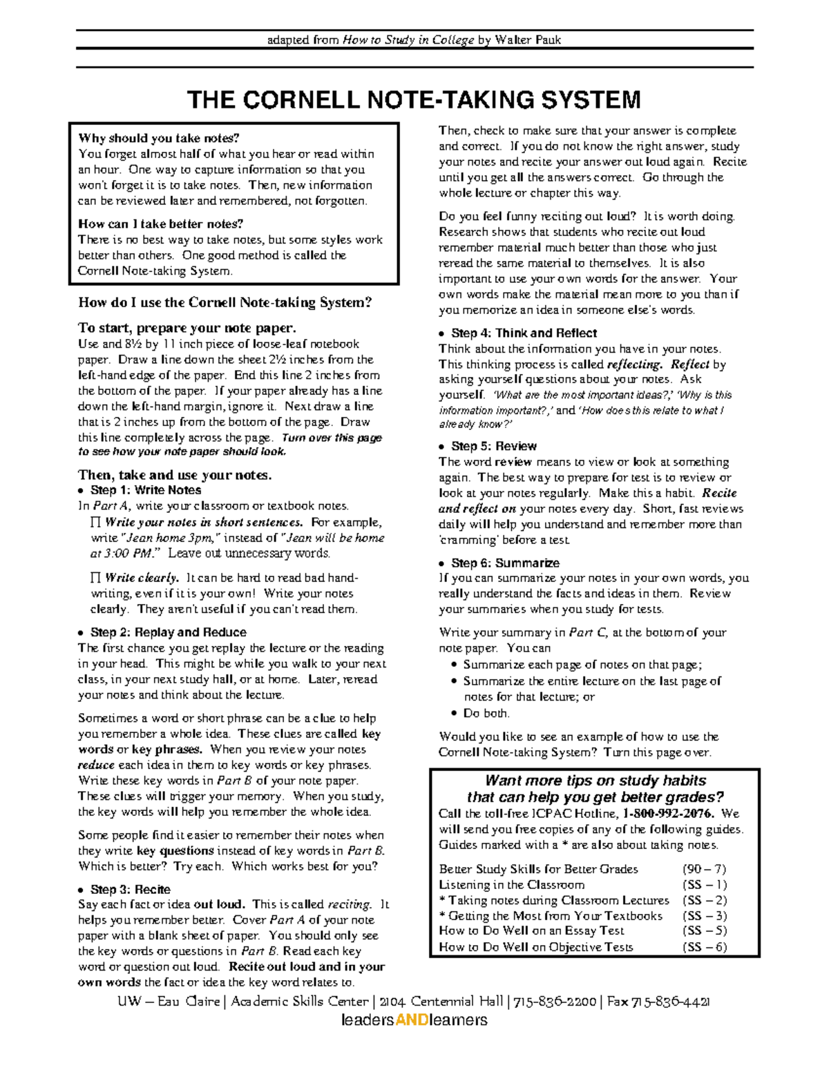 Cornell Note Taking System - adapted from How to Study in College by ...