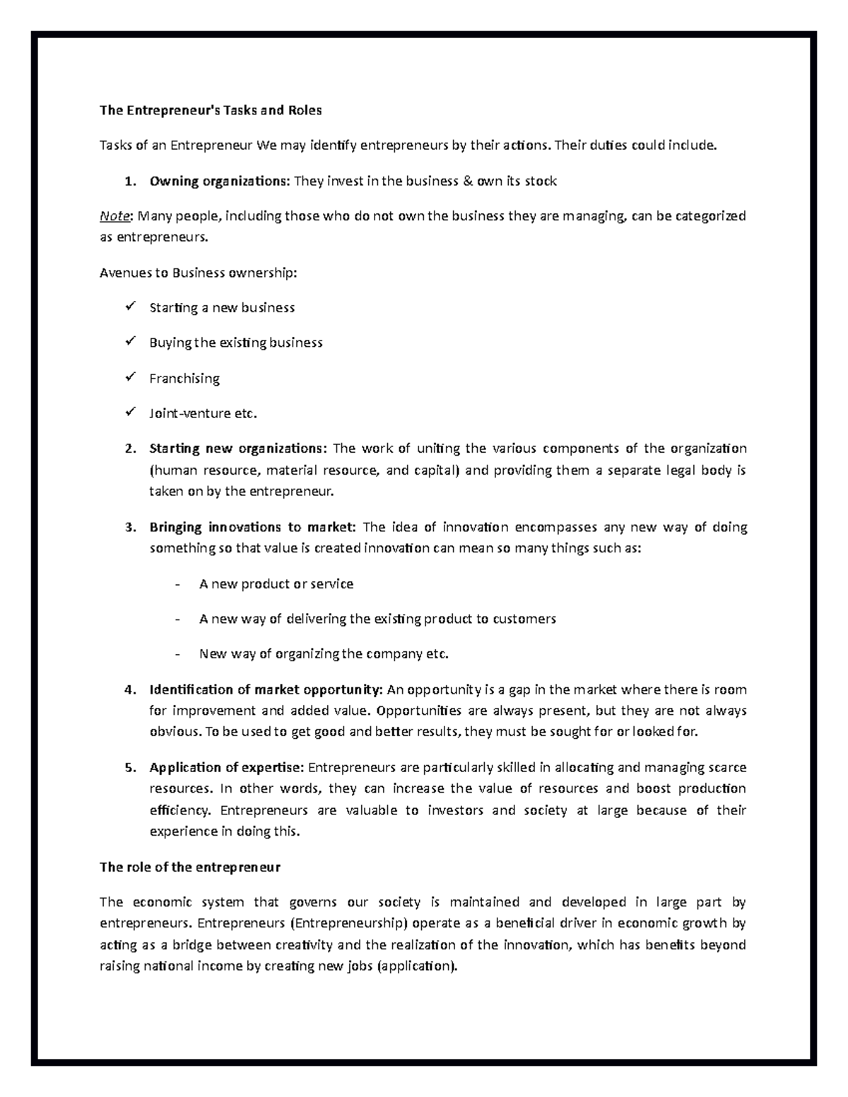 The-Entrepreneurs-Tasks-and-Roles Notes - The Entrepreneur's Tasks and ...