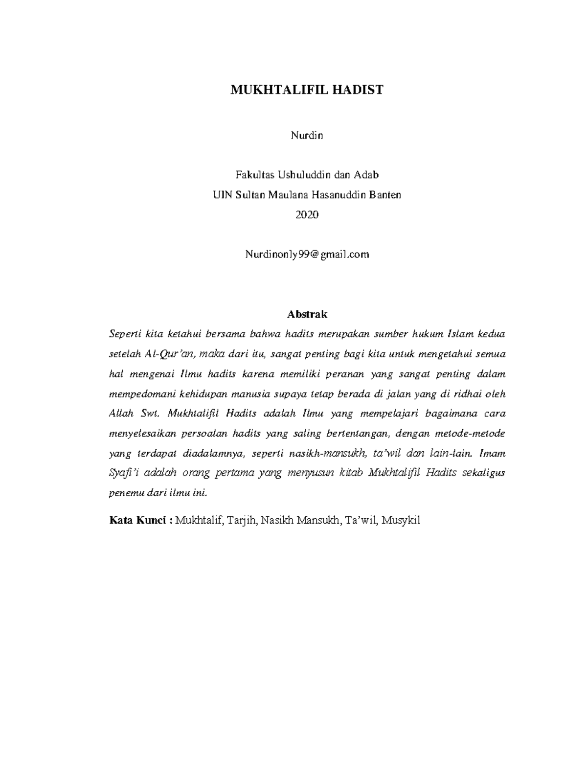 Mukhtalifil Hadist-dikonversi - MUKHTALIFIL HADIST Nurdin Fakultas ...