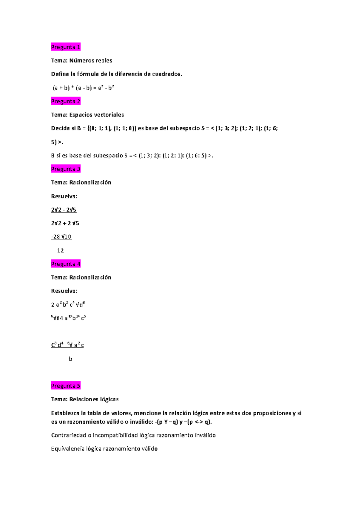 Algebra - gghghg - Pregunta 1 Tema: Números reales Defina la fórmula de ...