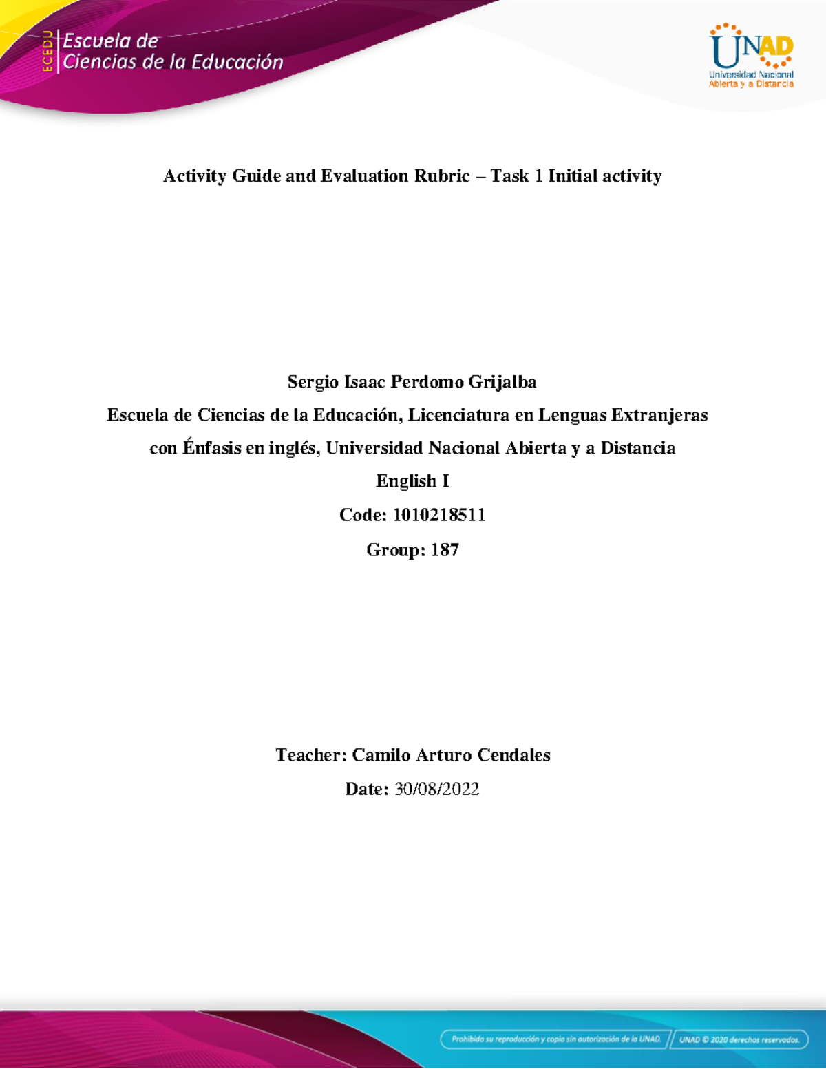 Task 1 - Task 1 english 1 - Activity Guide and Evaluation Rubric – Task 1 Initial activity ...