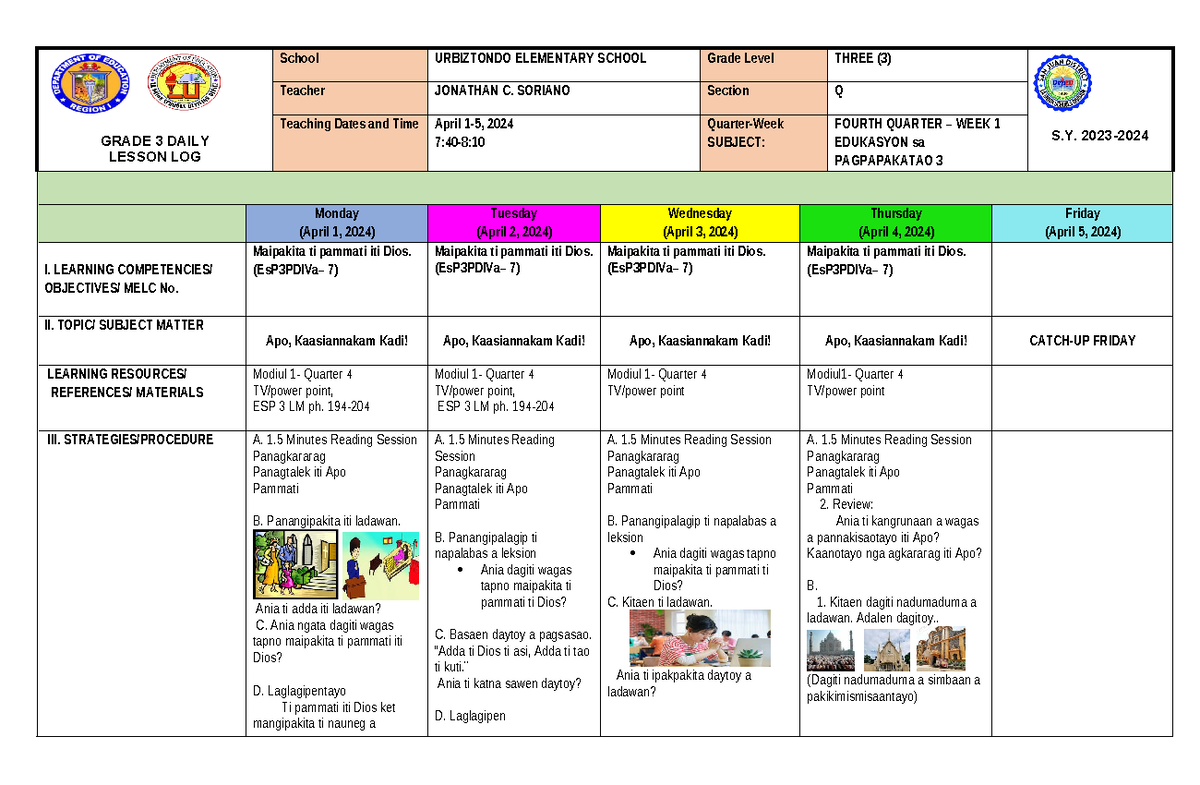 ESP 3 DLL Q4 WEEK 1 - DAILY LESSON LOG - GRADE 3 DAILY LESSON LOG ...