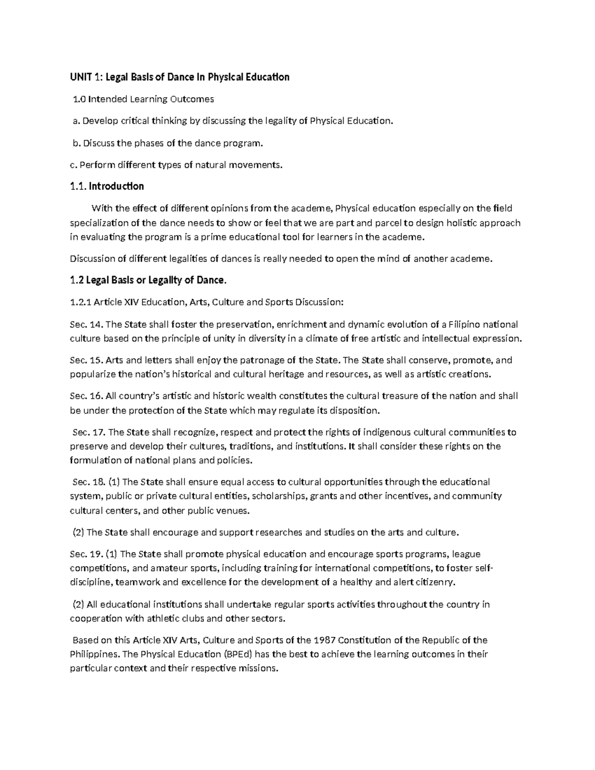 UNIT 1- Fundamentals OF Dances 2023 - UNIT 1: Legal Basis of Dance in ...