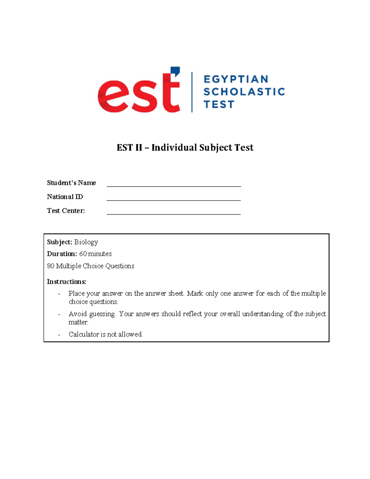 EST II - Biology - August 2021 - EST II ñ Individual Subject Test ...