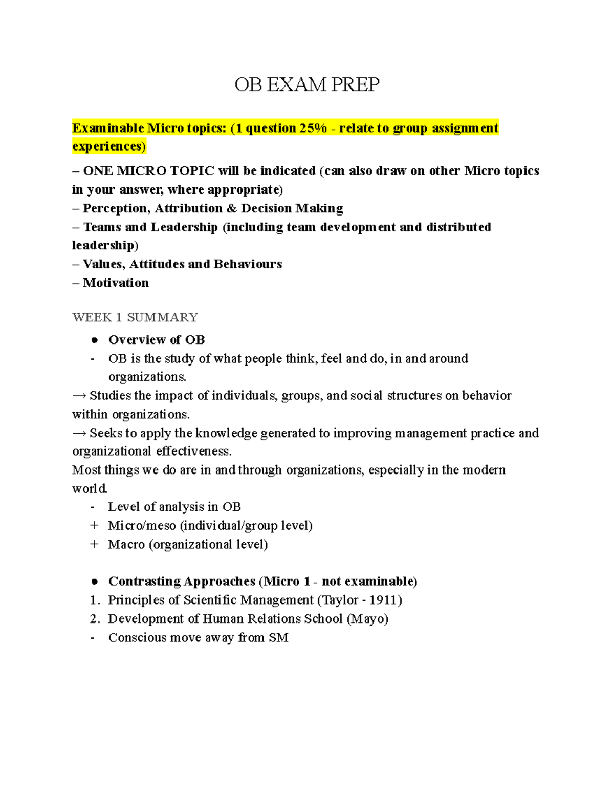 OB EXAM PREP - Micro Topics - OB EXAM PREP Examinable Micro topics: (1 ...