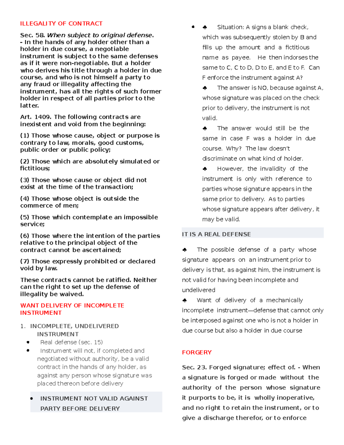 REAL Defenses - ILLEGALITY OF CONTRACT Sec. 58. When subject to ...