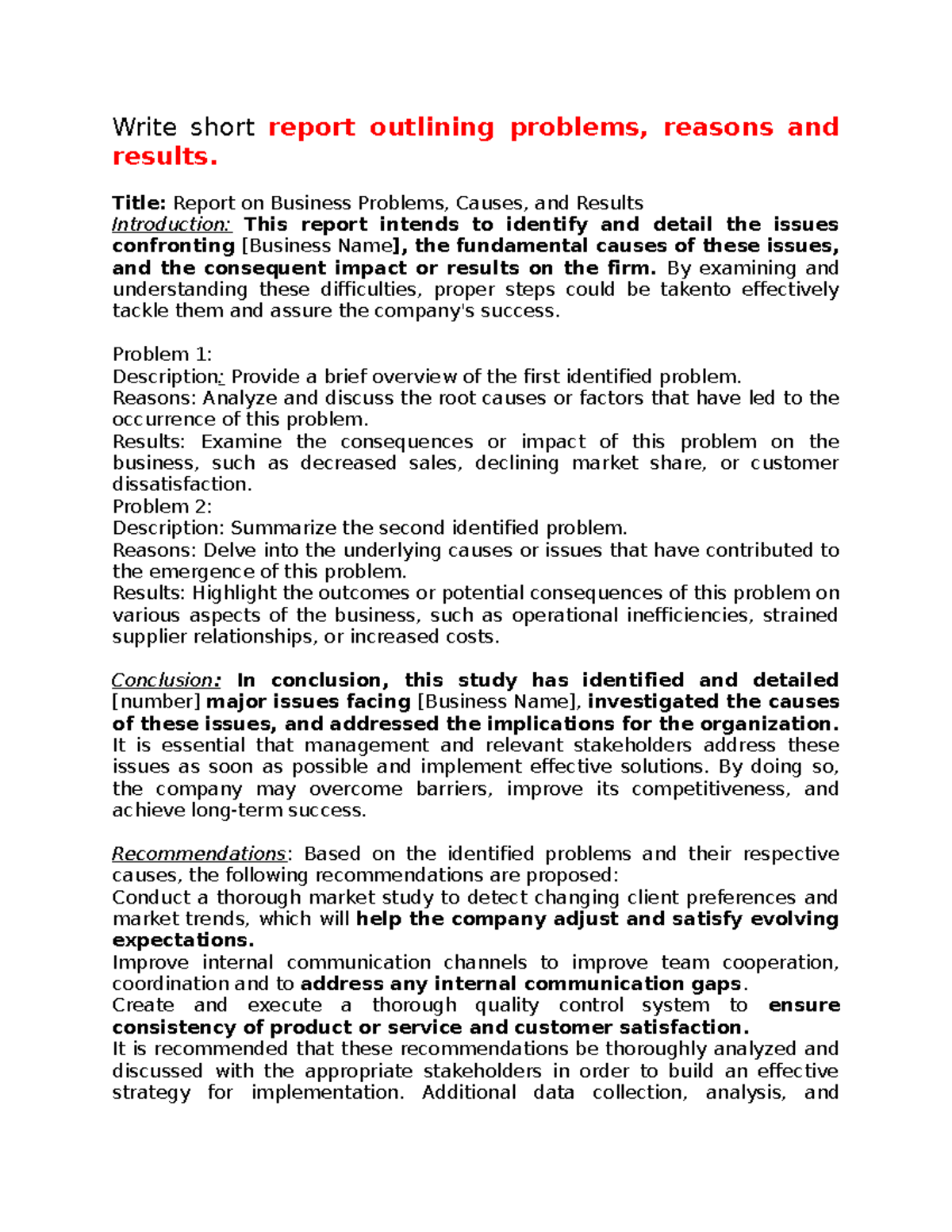 Write short report outlining problems, reasons and results - Title ...