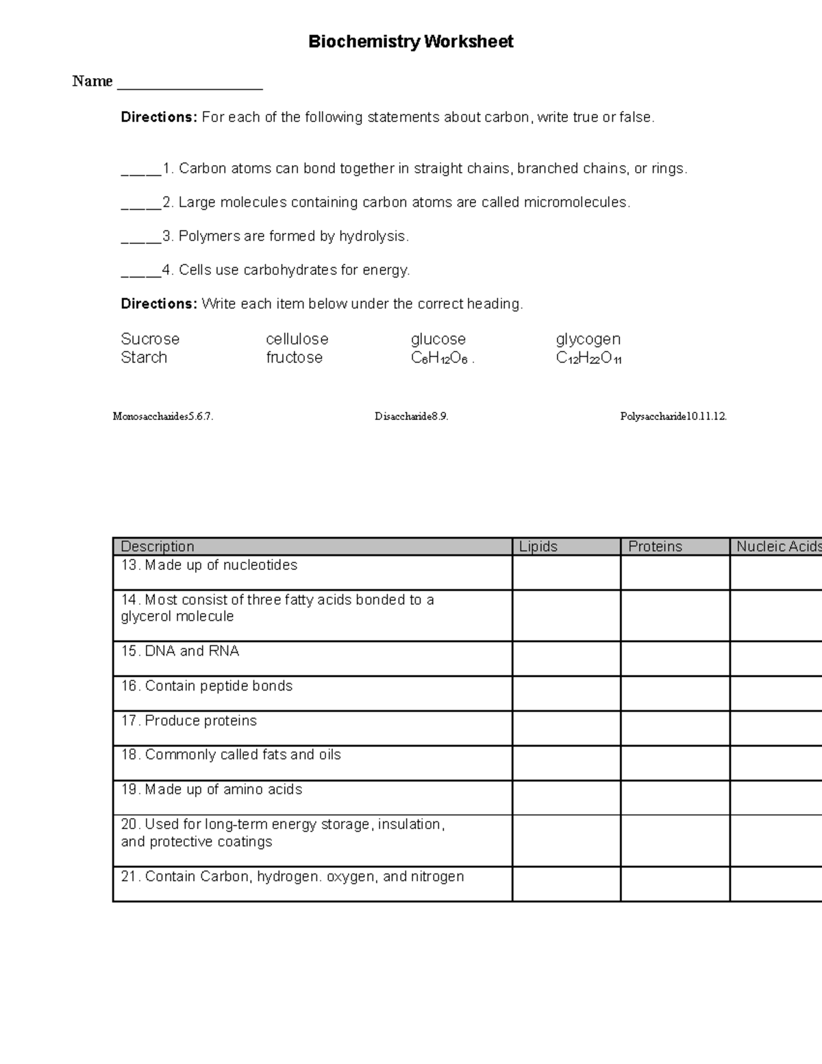 Biochemistry Worksheet - Biochemistry Worksheet Name ...