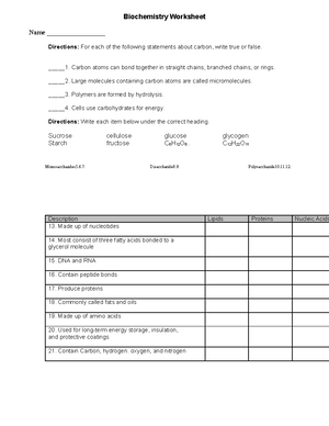 Biochemistry worksheet - Unit 2: Introduction to Biochemistry Study ...