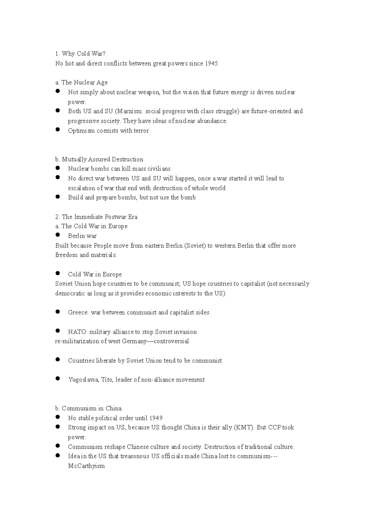 World History Lecture Notes-The Cold War - Why Cold War? No hot and ...