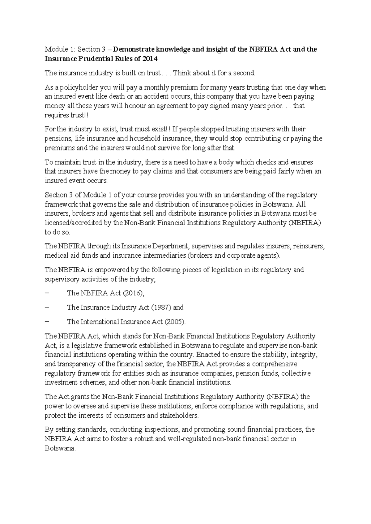 Nbfira NOTE - NOTES - Module 1: Section 3 – Demonstrate knowledge and ...