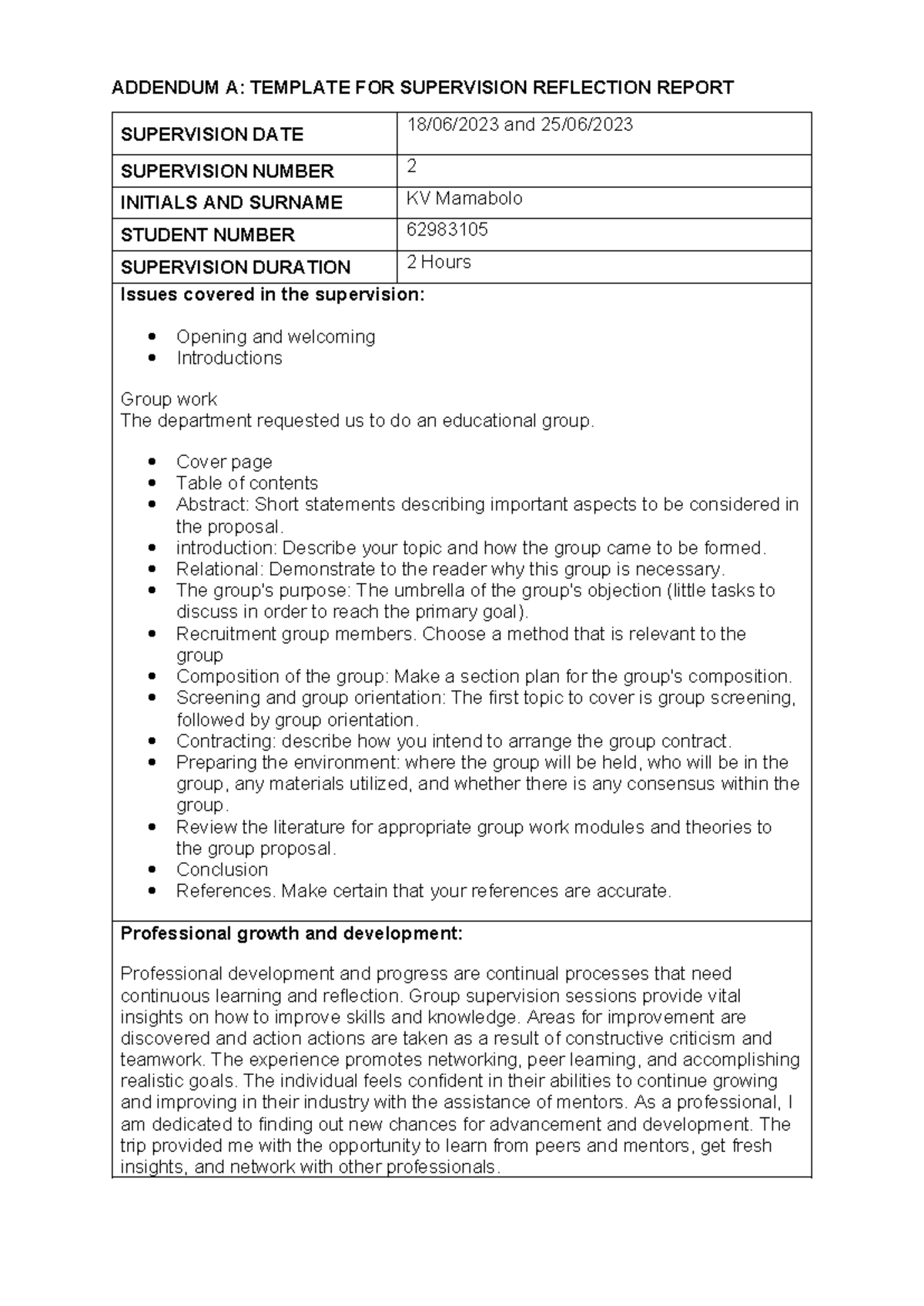 Supervision Reflection Reports - ADDENDUM A: TEMPLATE FOR SUPERVISION ...