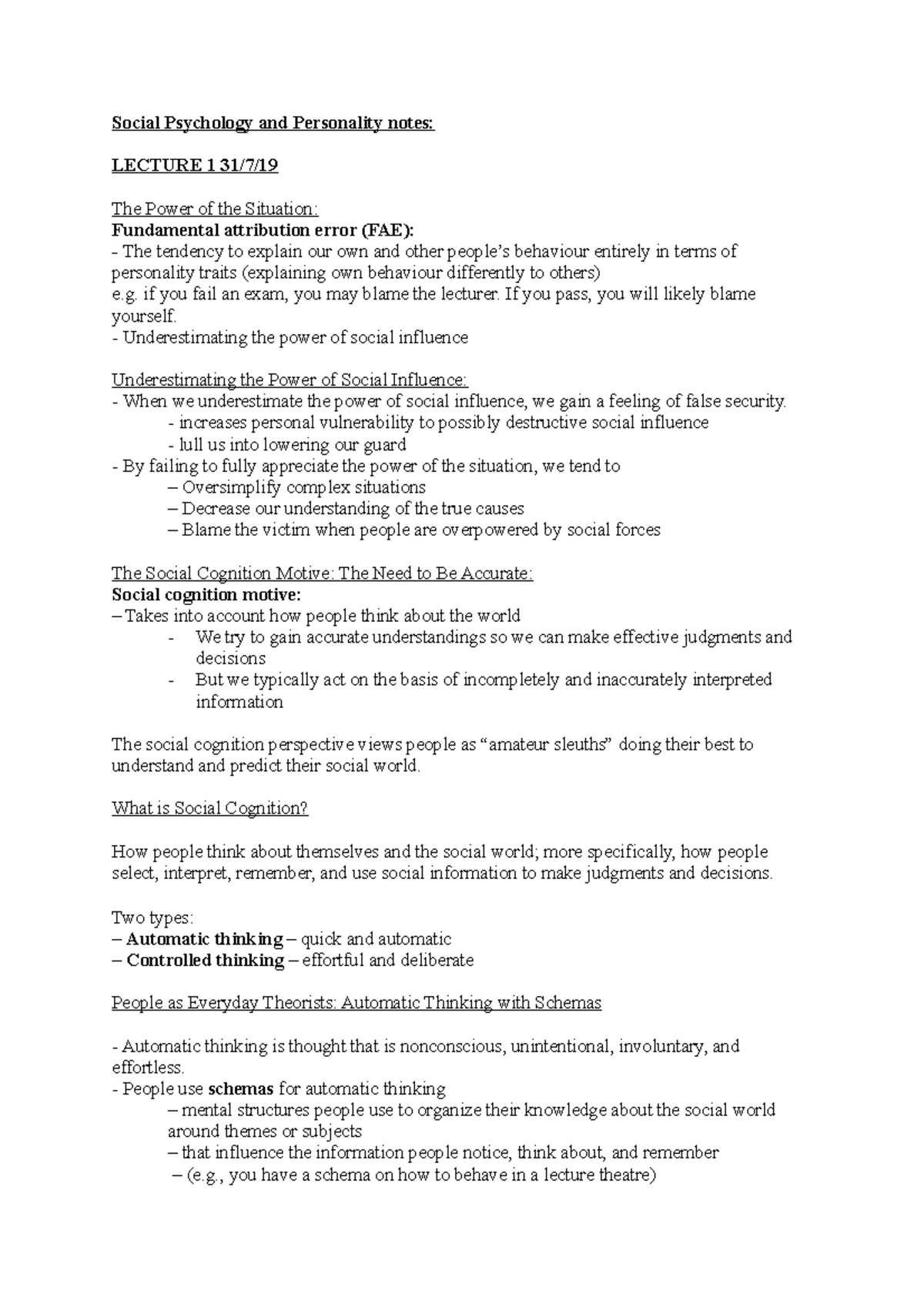 PSY2042 lecture 1 notes 2019 - Social Psychology and Personality notes ...
