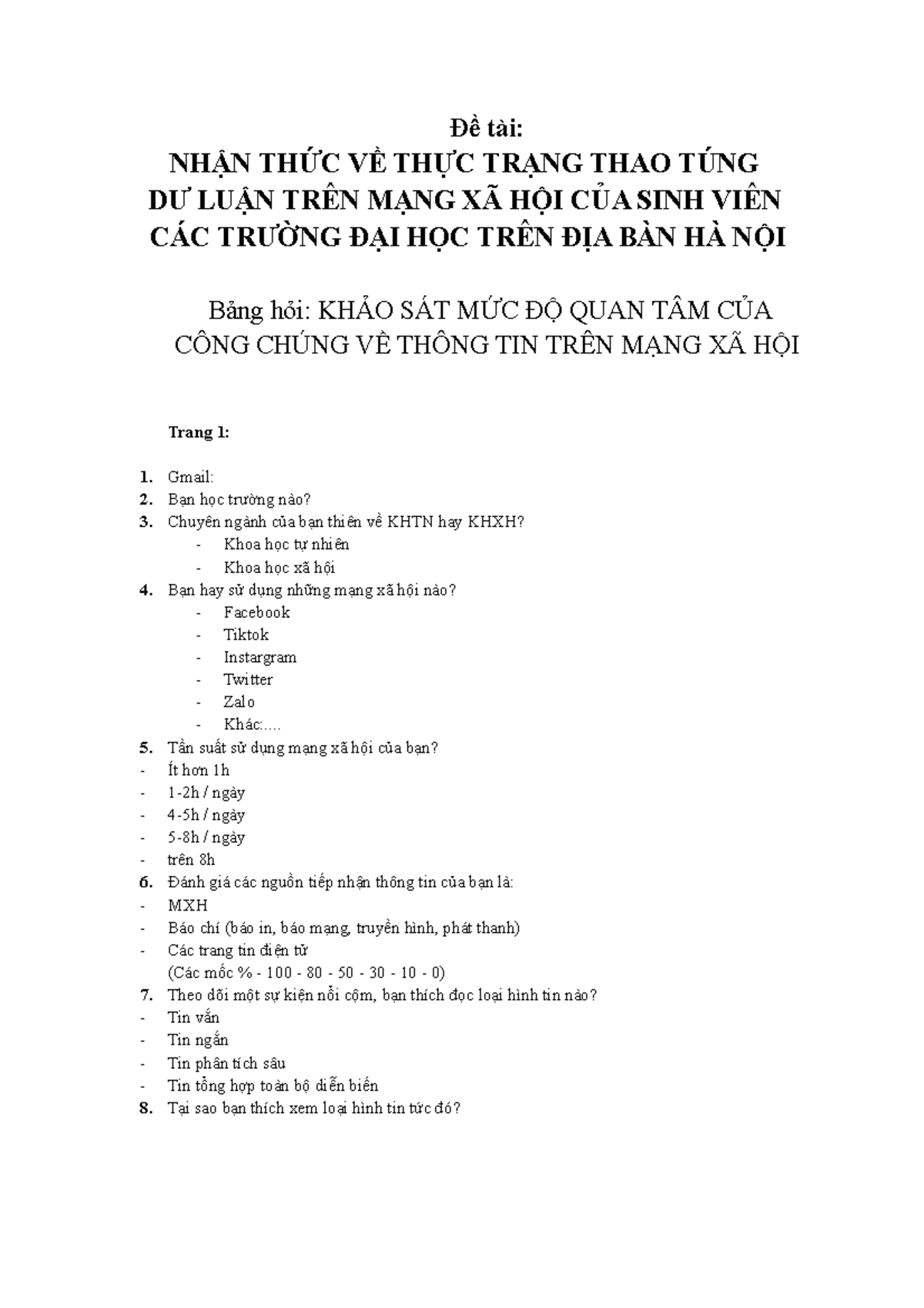 Poll câu hỏi - fvfvf - Đề tài: NHẬN THỨC VỀ THỰC TRẠNG THAO TÚNG DƯ ...