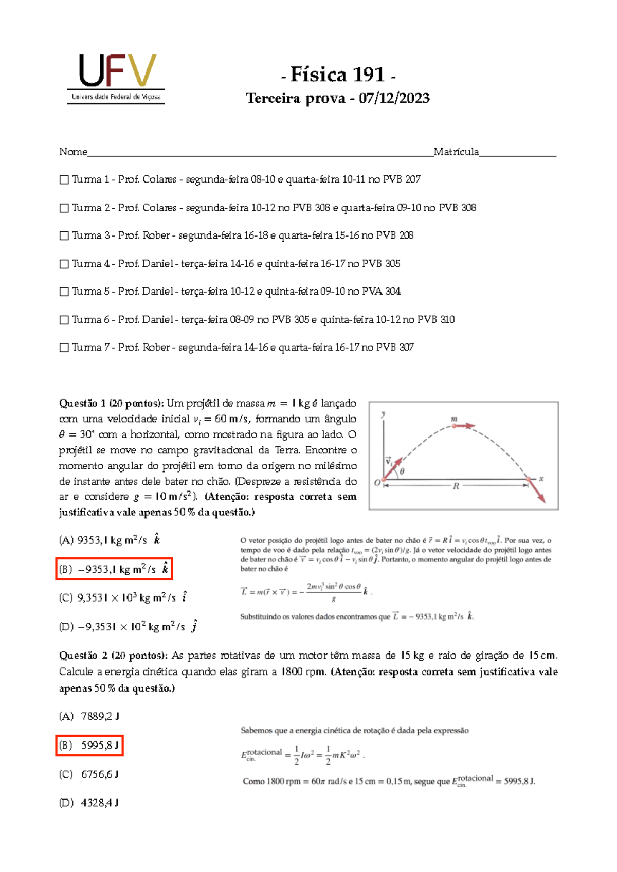 P3-191-2023 (gabarito) - Física 191 - Terceira prova - 07/12/ - Studocu