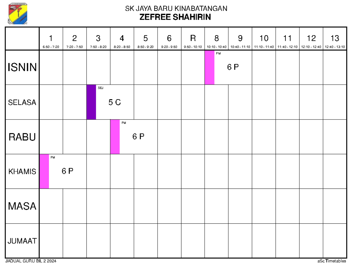 Jadual Waktu GURU SKJB Sidang PAGI 2024 BIL 2 - 1 6:50 - 7: 2 7:20 - 7: ...