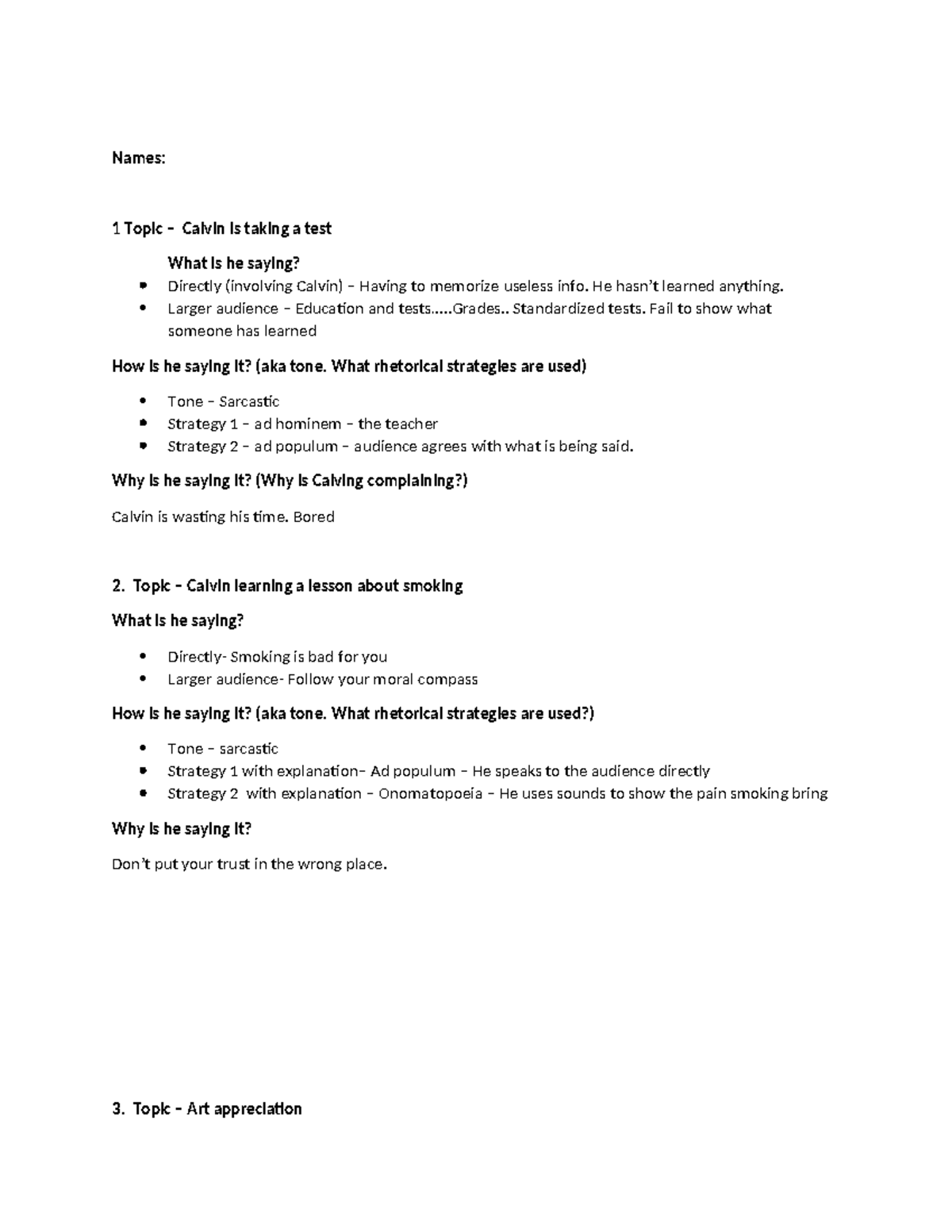 Calvin and Hobbes Worksheet - Names: 1 Topic – Calvin is taking a test ...