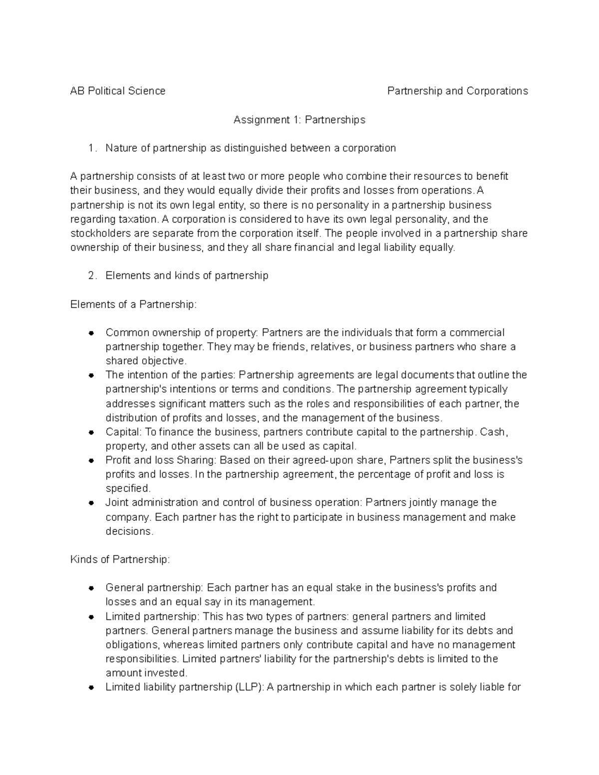 Assignment 1 - Partnerships - AB Political Science Partnership and ...