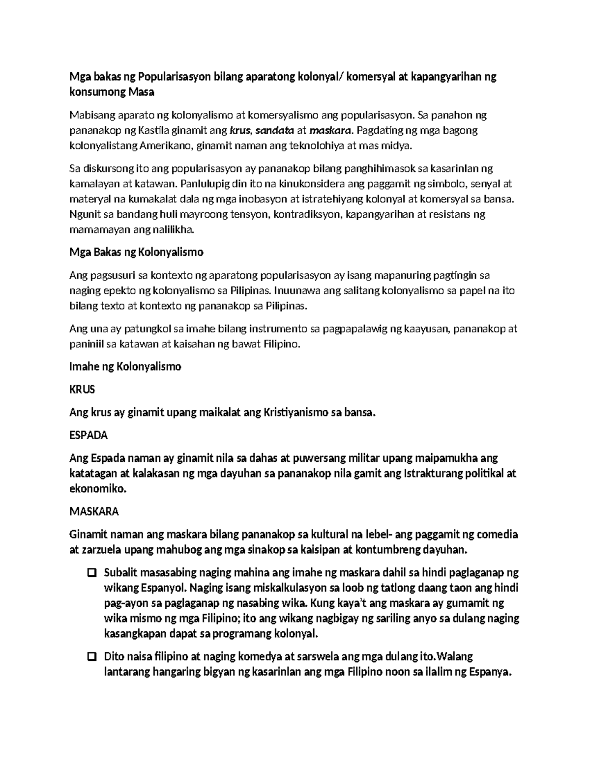 Kulturang Popular - Mga bakas ng Popularisasyon bilang aparatong ...