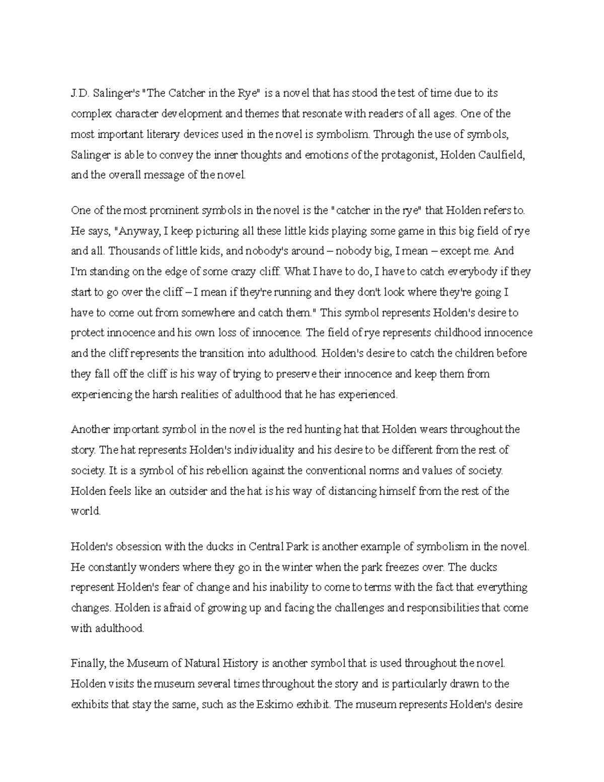 The Role of Symbolism in J.D. Salinger's "The Catcher in the Rye" - J ...